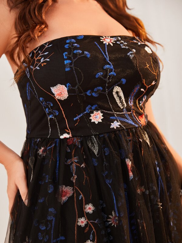 Fniseti Plus Floral Embroidery Mesh Overlay Tube Formal Dress
