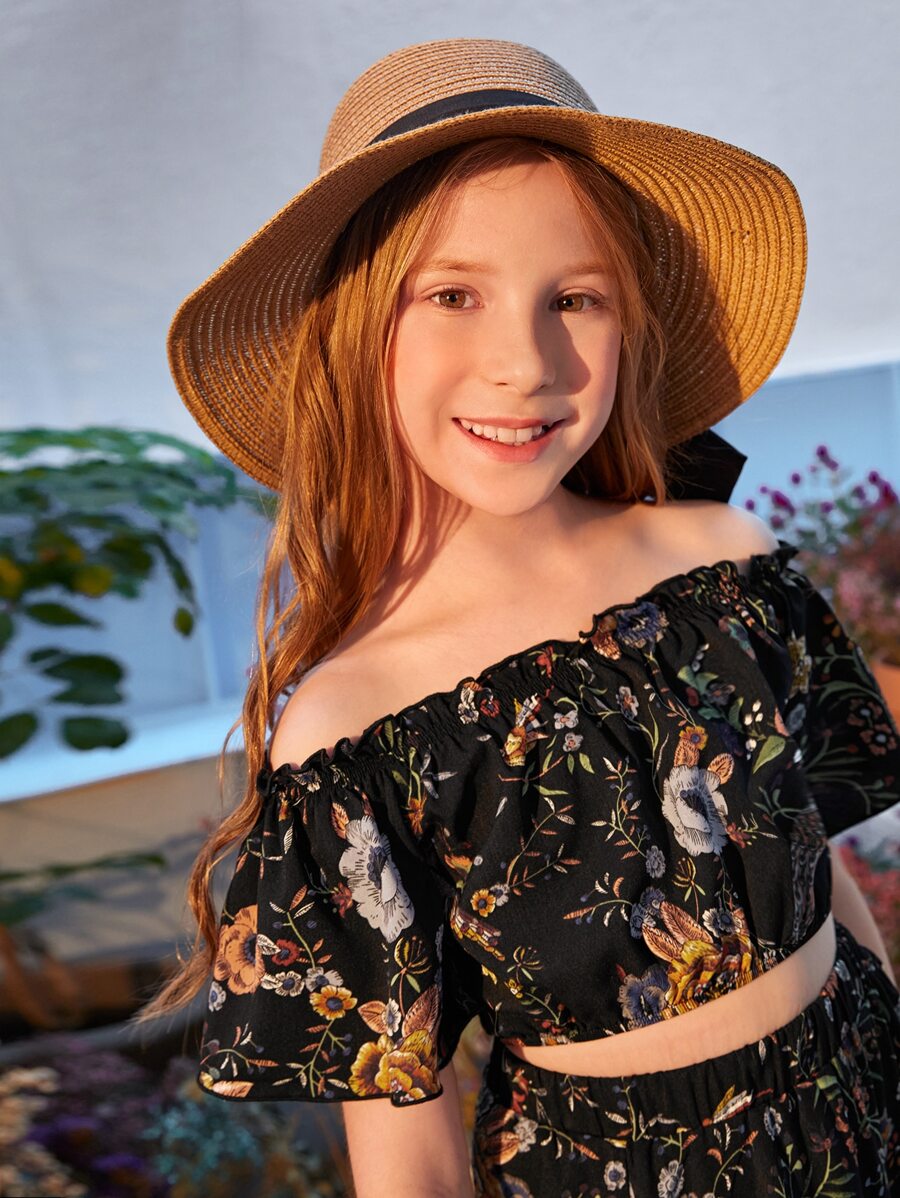SHEIN Tween Girl Off Shoulder Floral Print Top & Split Thigh Skirt Set | SHEIN USA