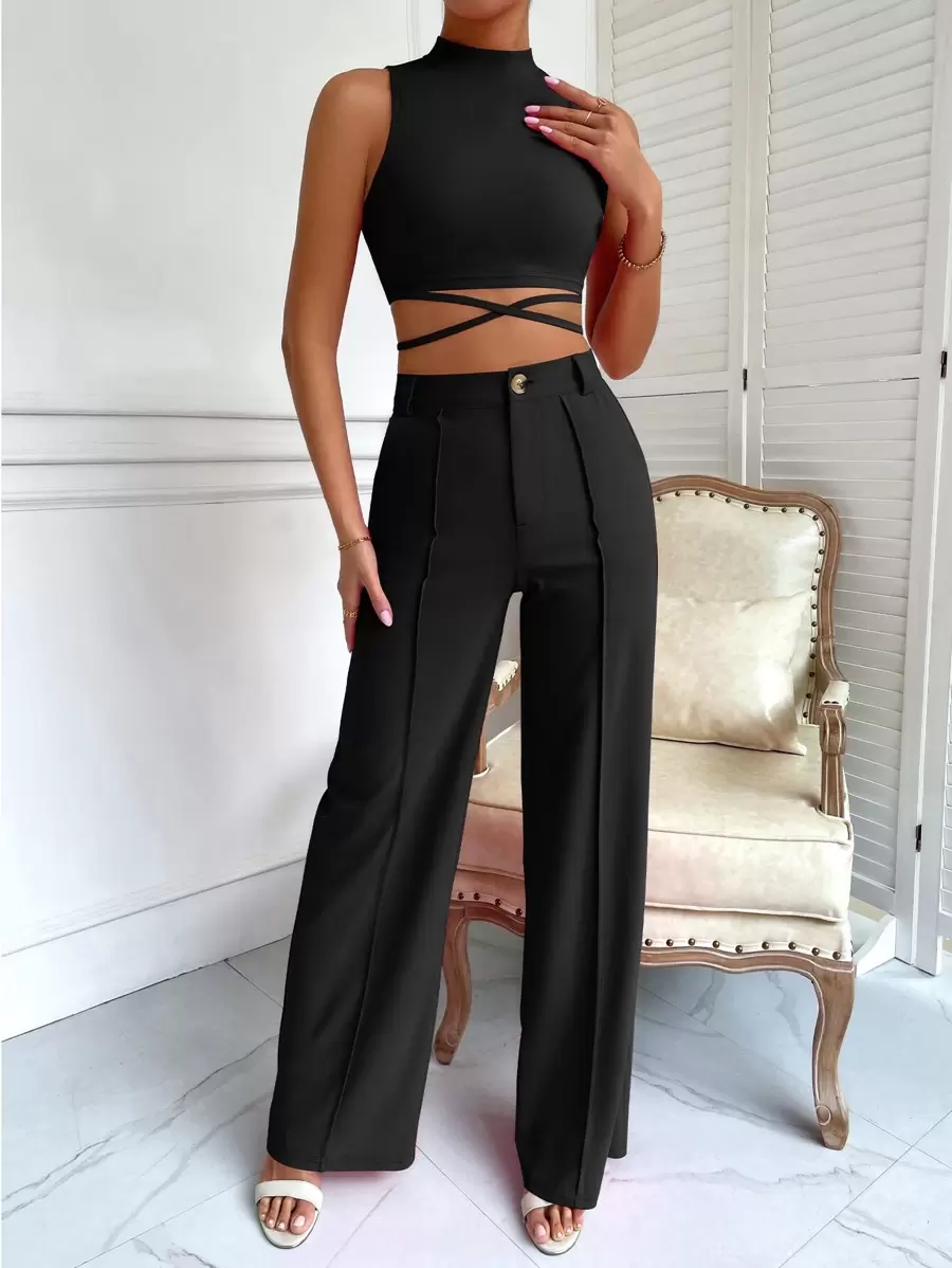 Allurite Criss Cross Mock Neck Top & Seam Front Pants | SHEIN USA