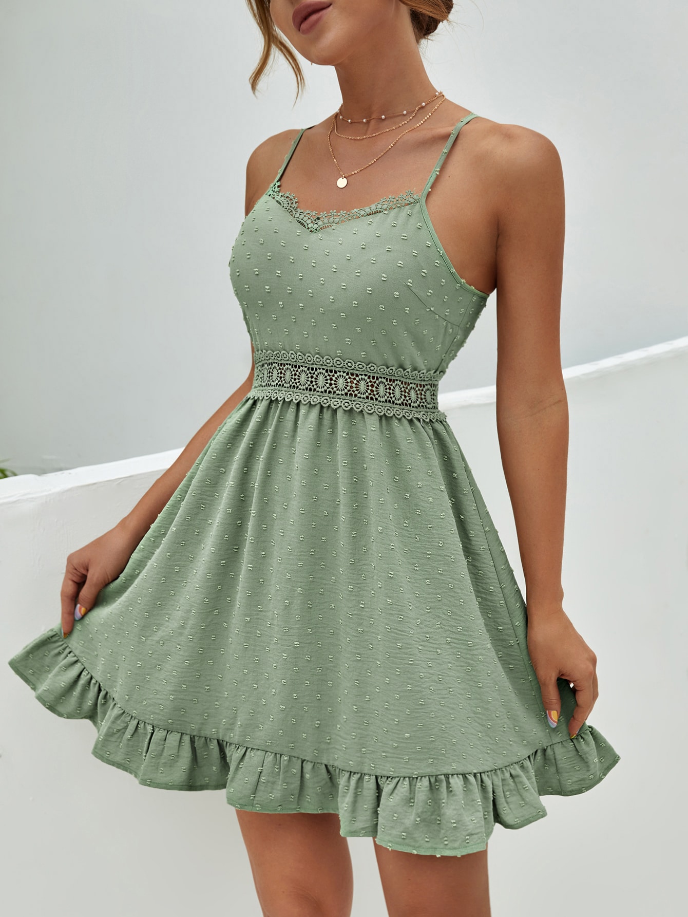 SHEIN Swiss Dot Guipure Lace Insert Ruffle Hem Cami Dress