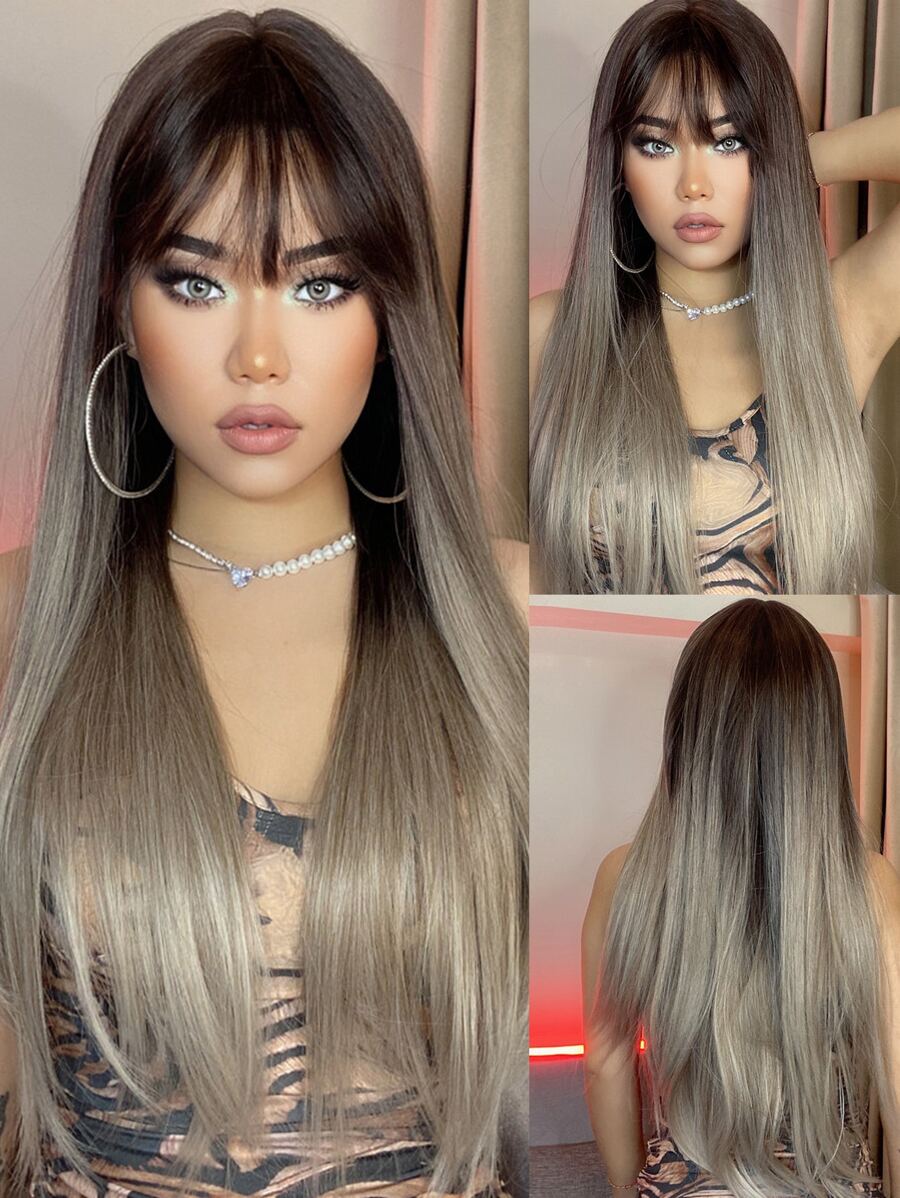 HAIRCUBE 28 Inch Long Natural Ombre Brown Straight Wigs With Bangs For ...