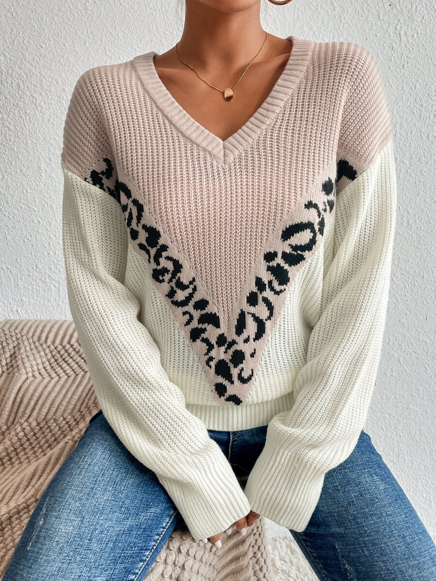 SHEIN LUNE Leopard Pattern Two Tone Drop Shoulder Jumper | SHEIN UK