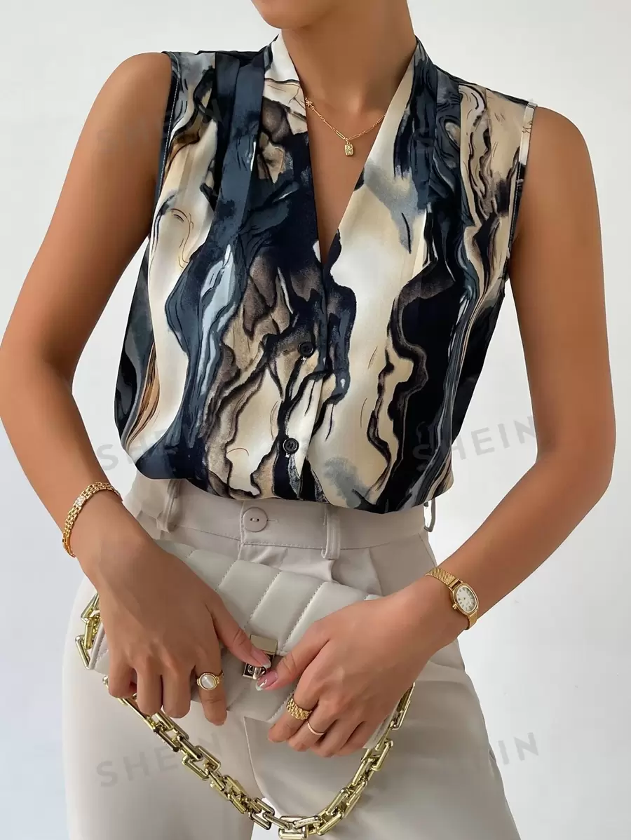 SHEIN Privé Marble Print Button Front Work Women Shirts Blouse | SHEIN UK