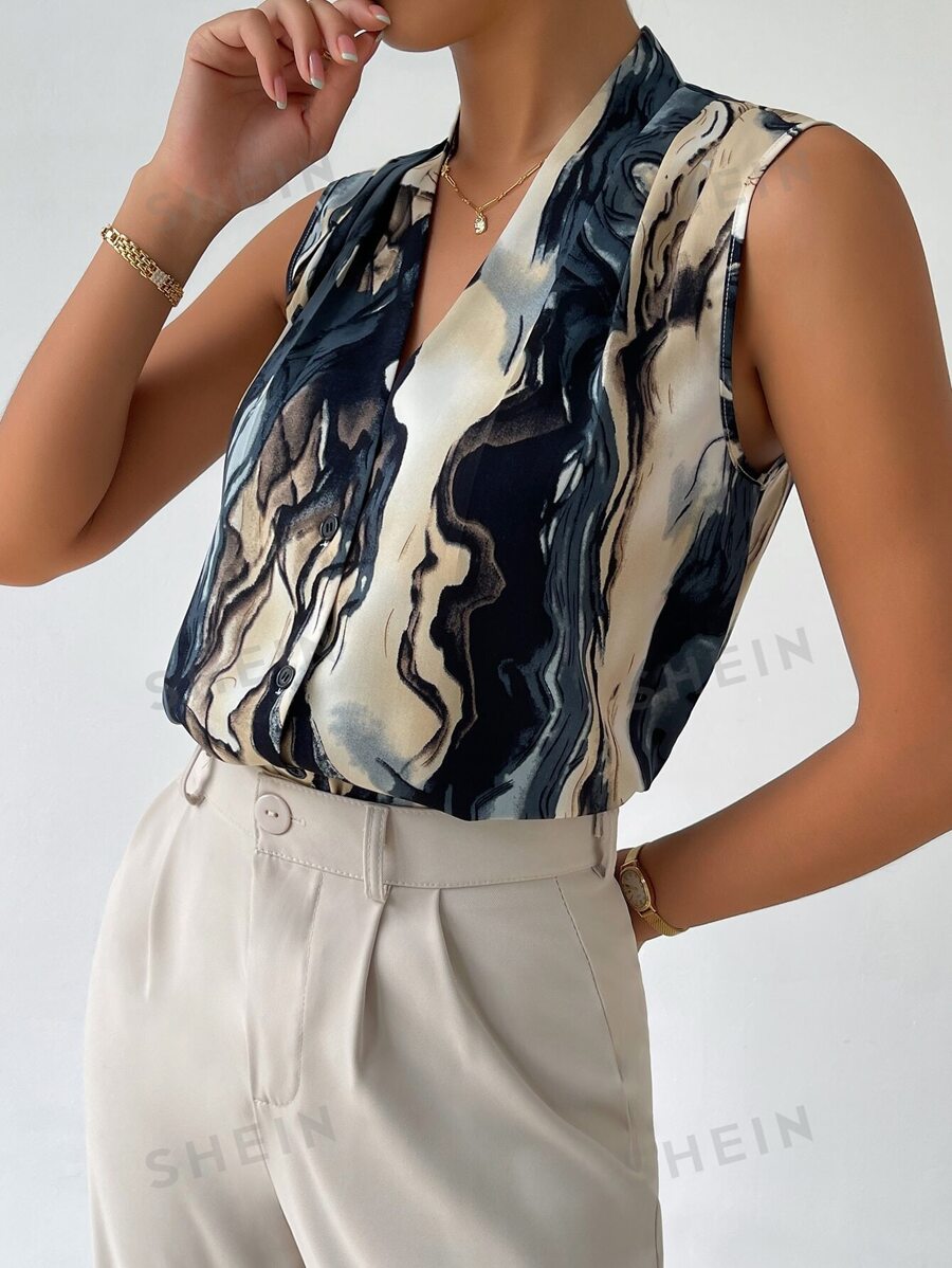 SHEIN Privé Marble Print Button Front Work Women Shirts Blouse | SHEIN USA