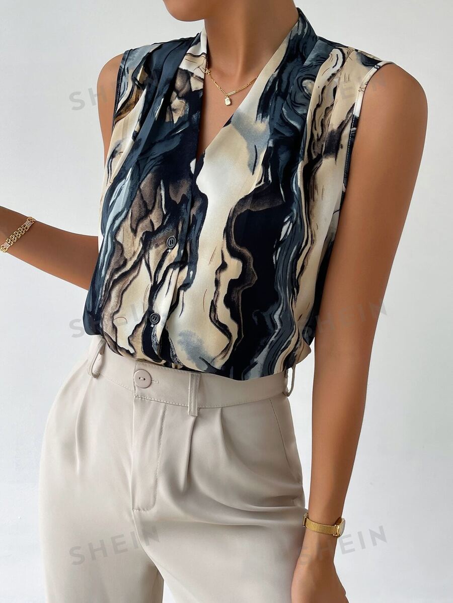 SHEIN Privé Marble Print Button Front Work Women Shirts Blouse | SHEIN USA