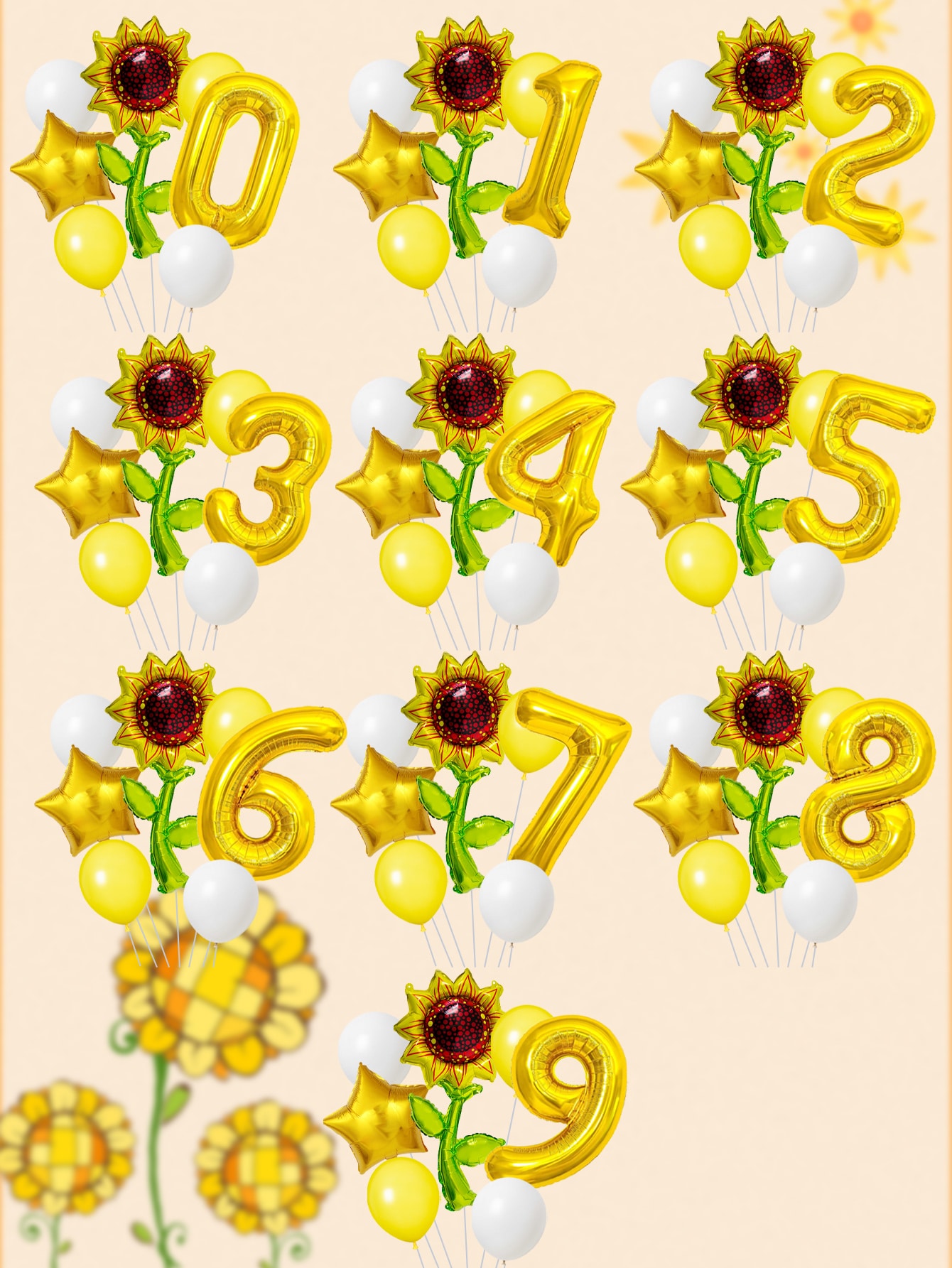 7pcs Sunflower & Number Design Balloon Set