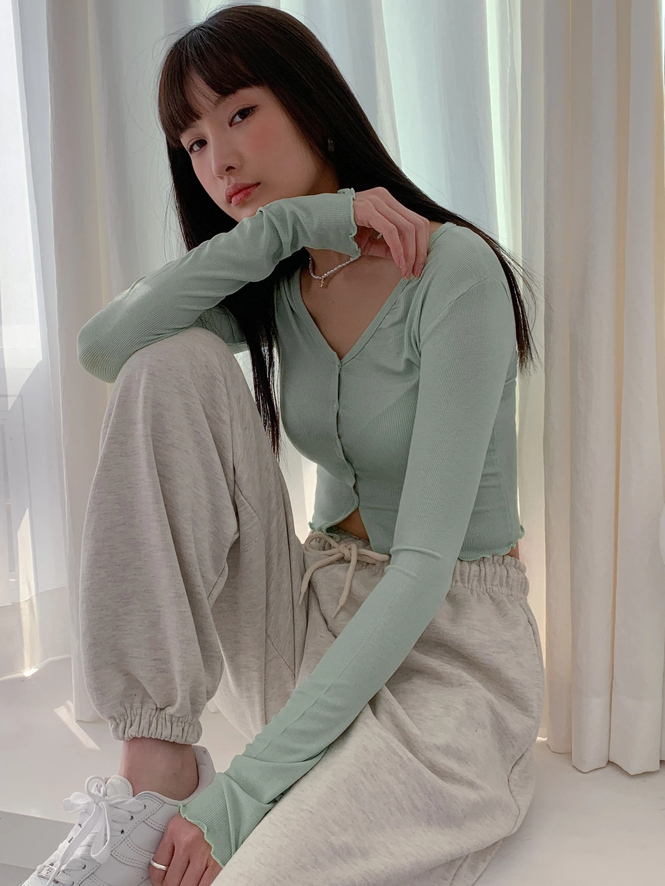 Dazy Button Front Rib Knit Lettuce Trim Tee Shein Usa