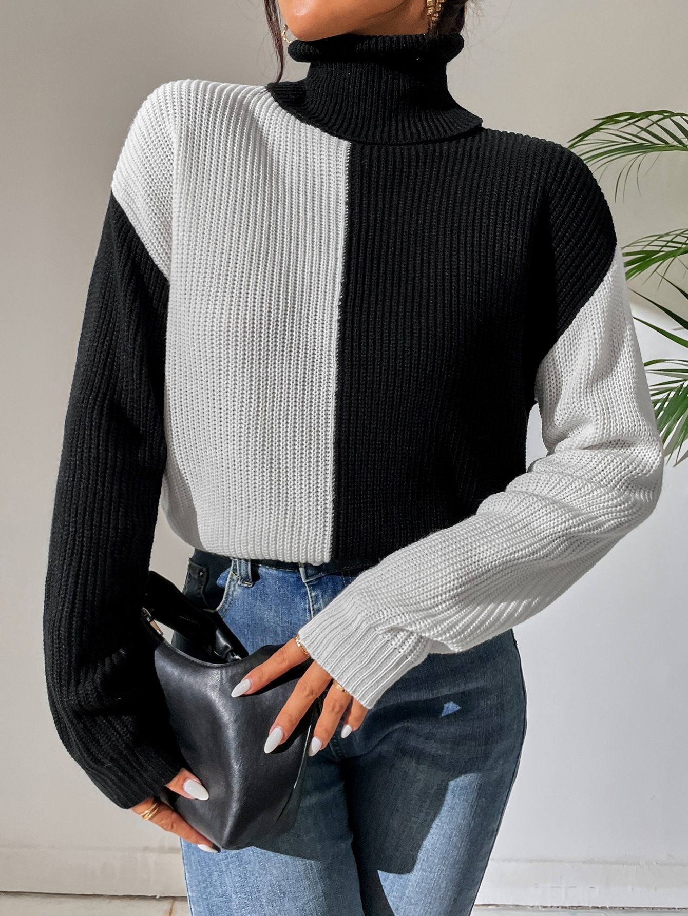 Two Tone Rib-knit Funnel Neck Drop Shoulder Sweater