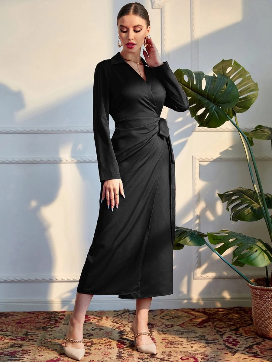 Modelyn Solid Wrap Tie Side Dress | SHEIN USA
