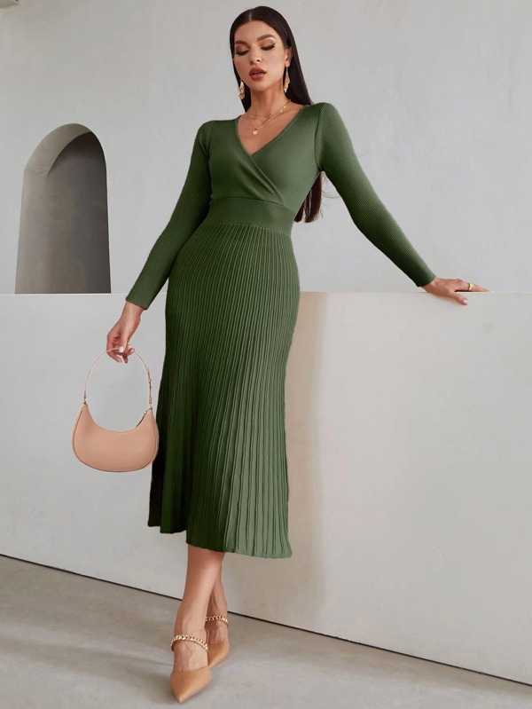 SHEIN Modely Surplice Neck Ribbed Knit Sweater Dress | SHEIN USA