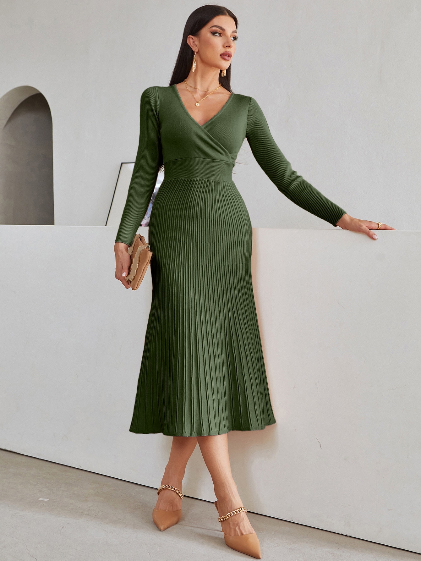 SHEIN Modely Surplice Neck Ribbed Knit Sweater Dress | SHEIN USA