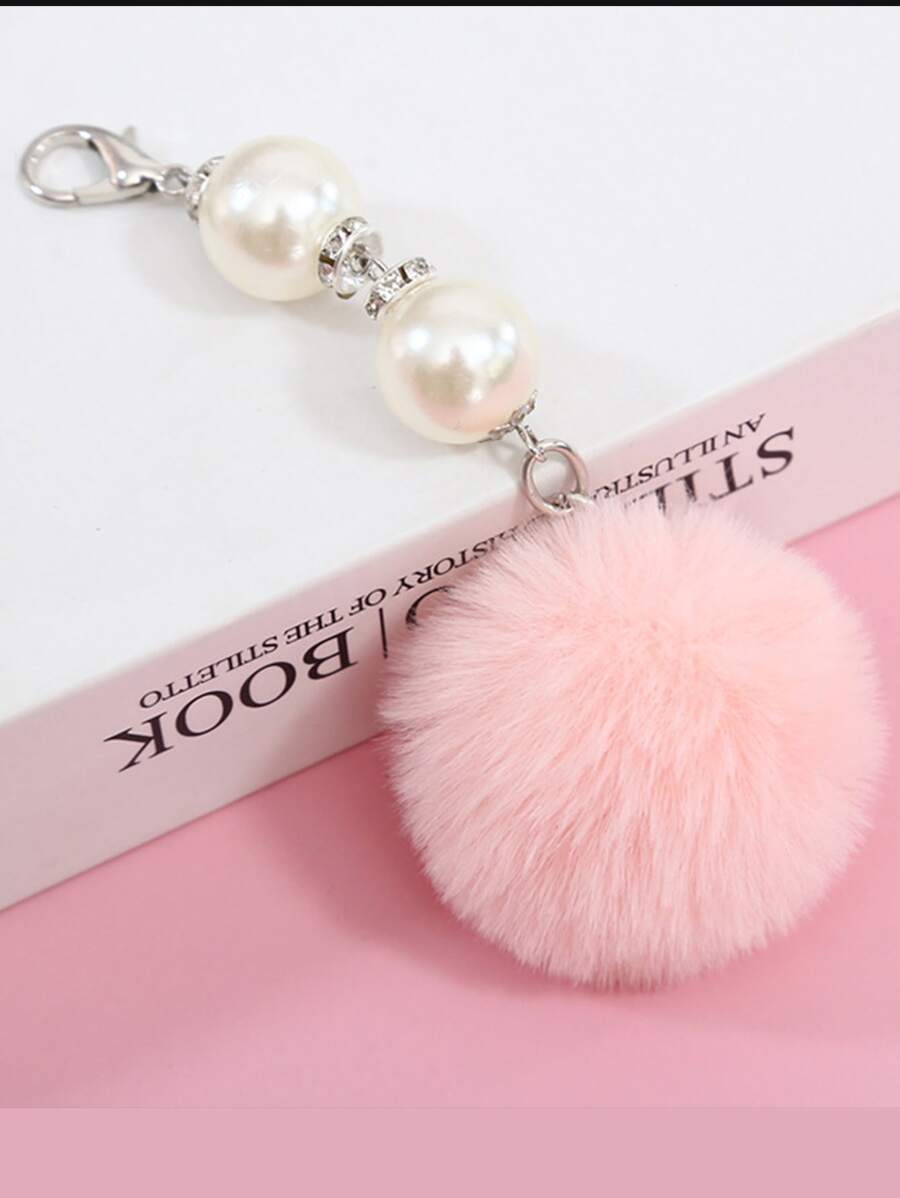 Pearl Pink Pom Pom Keychain Car Accessaries Women Key Chain Charms Cute ...