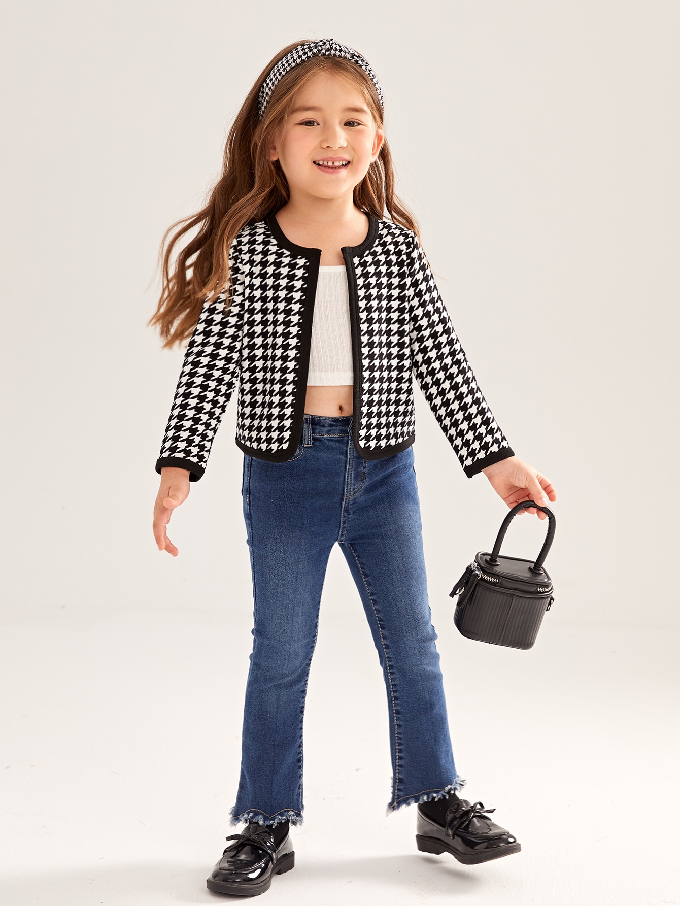 SHEIN Kids FANZEY Toddler Girls Houndstooth Print Contrast Binding Open ...