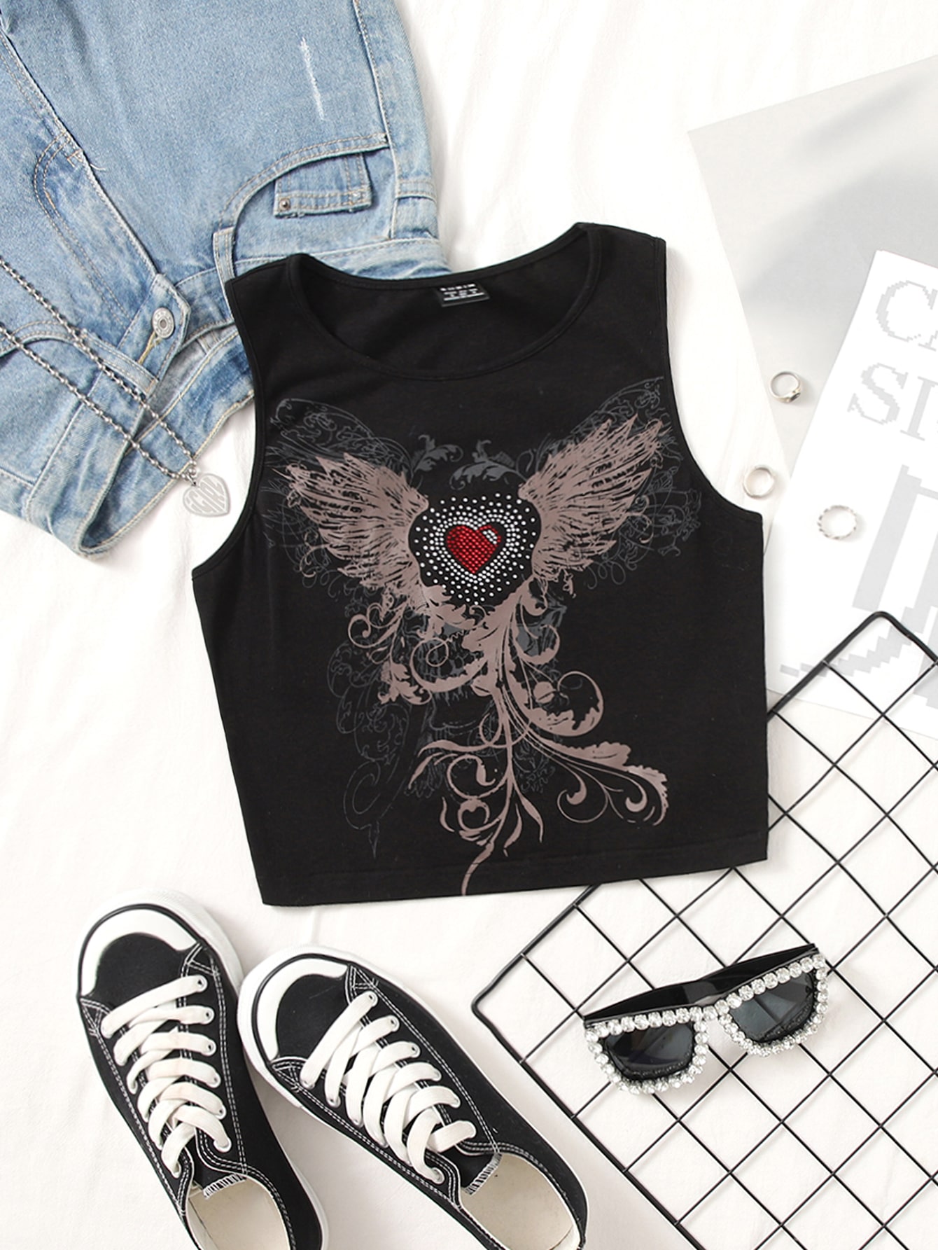 SHEIN Coolane Rhinestone Heart & Wing Print Crop Tank Top | SHEIN USA