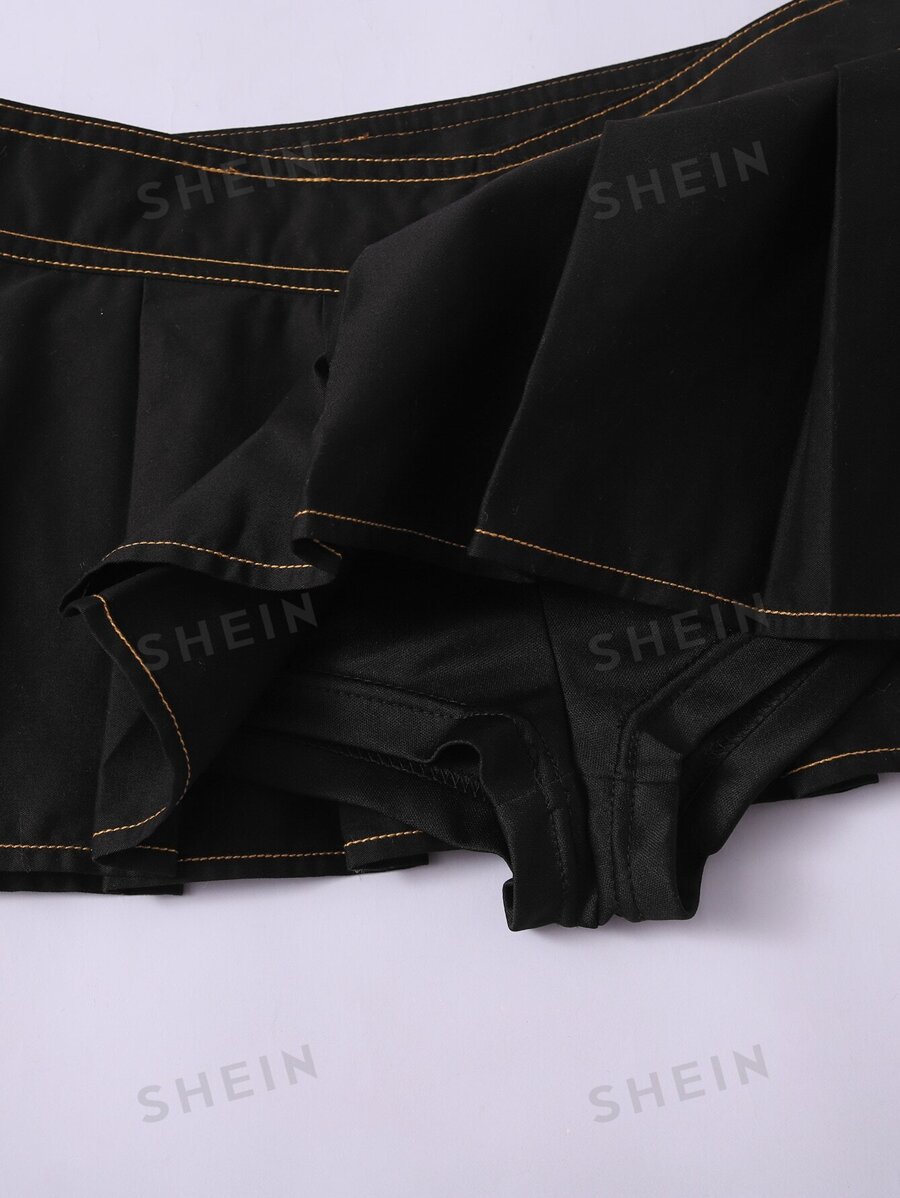 SHEIN ICON 90s Low Rise Stitch Detail Zip Side Pleated Skirt | SHEIN UK