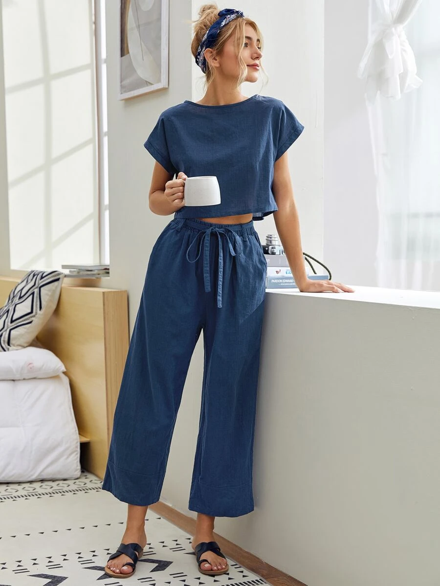 SHEIN Keyhole Back Top & Slant Pocket Belted Pants Set | SHEIN USA