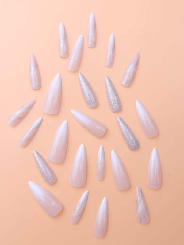 Upgrade Your Look With 24pcs Extra Long Stiletto White Ombre Glitter