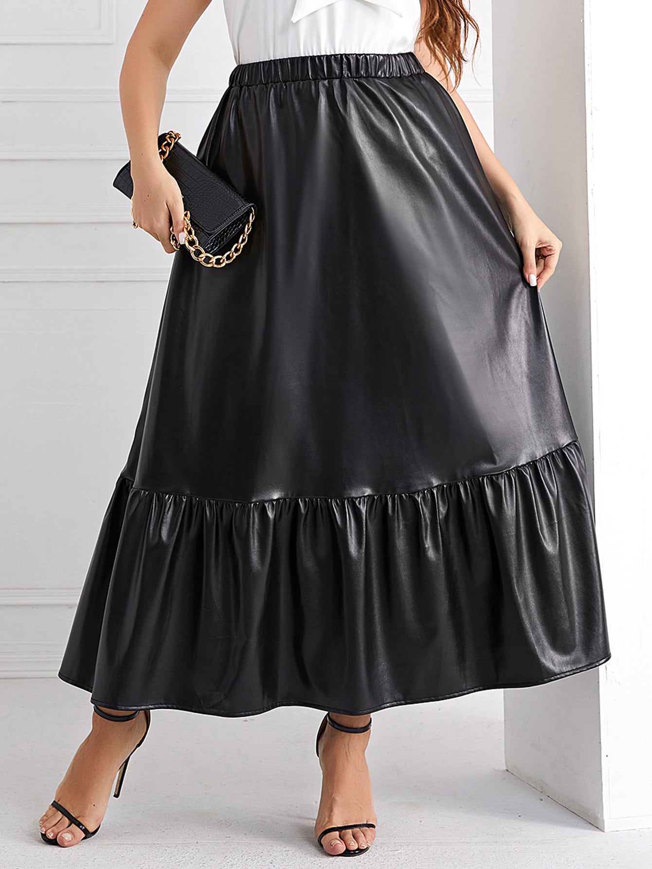SHEIN Modely Plus Ruffle Hem PU Leather Skirt | SHEIN USA