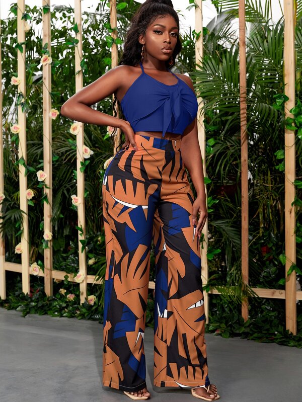 Tie Backless Halter Top & Allover Print Pants | SHEIN USA
