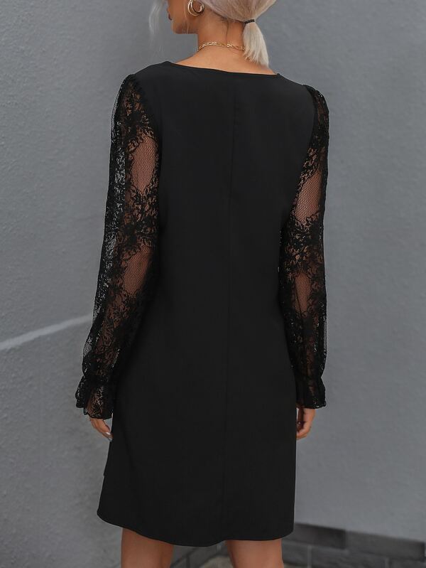 Shein Lune Contrast Lace Flounce Sleeve Scallop Trim Tunic Dress