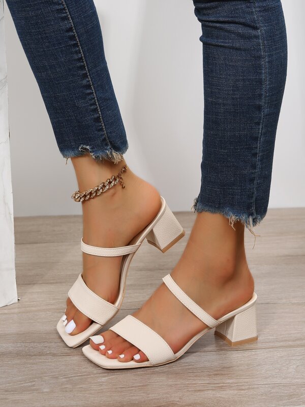 Women Litchi Embossed Chunky Heeled Mule Sandals, Elegant Summer Heeled ...