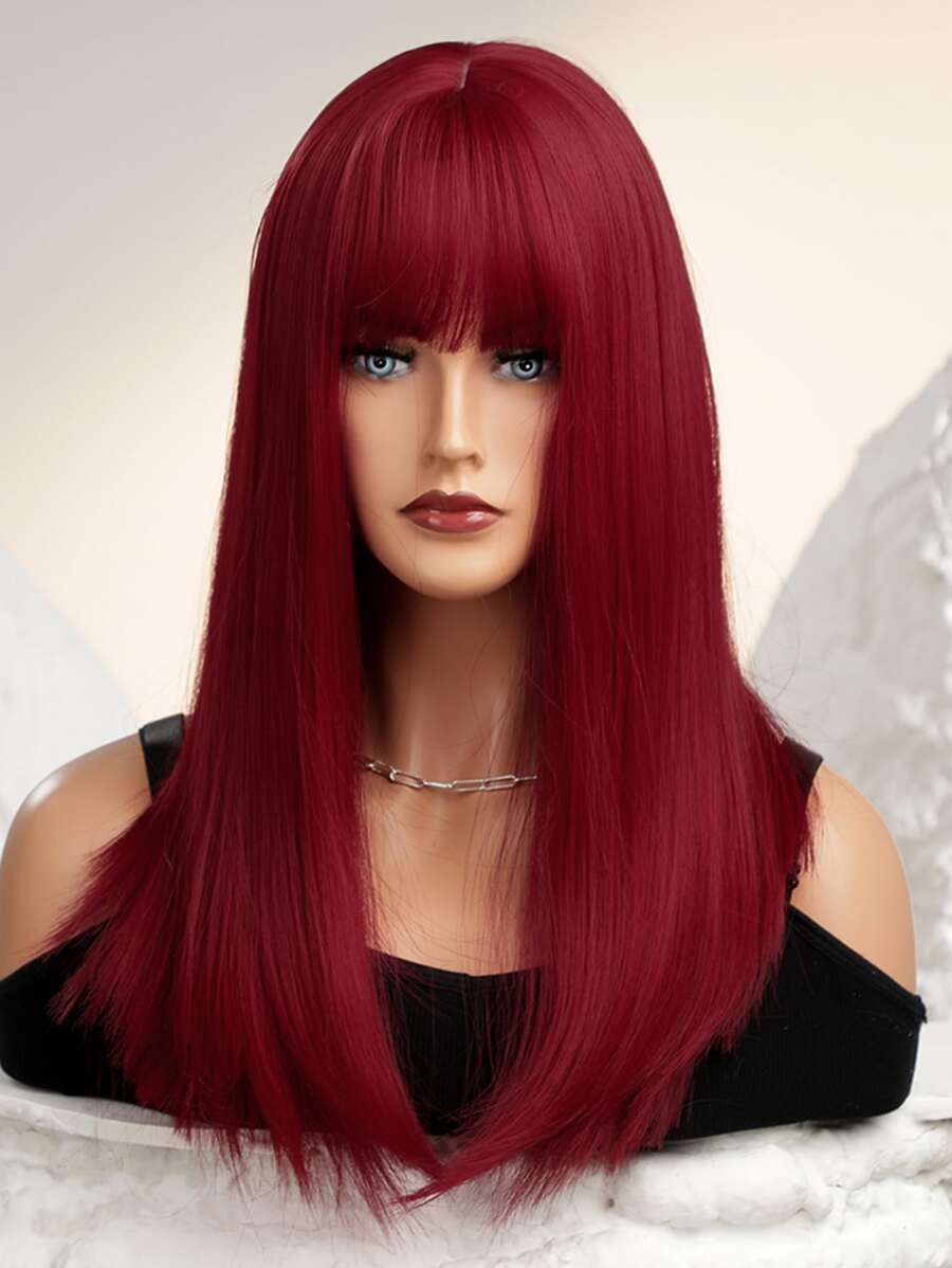 HAIRCUBE 20 Inch Wine Red Long Straight Wigs For Women, Natural ...