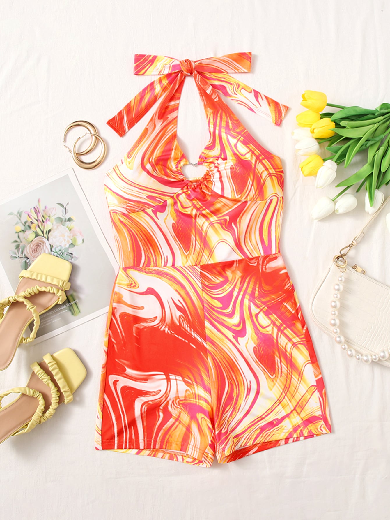 SHEIN Marble Print Ring Halter Unitard Romper