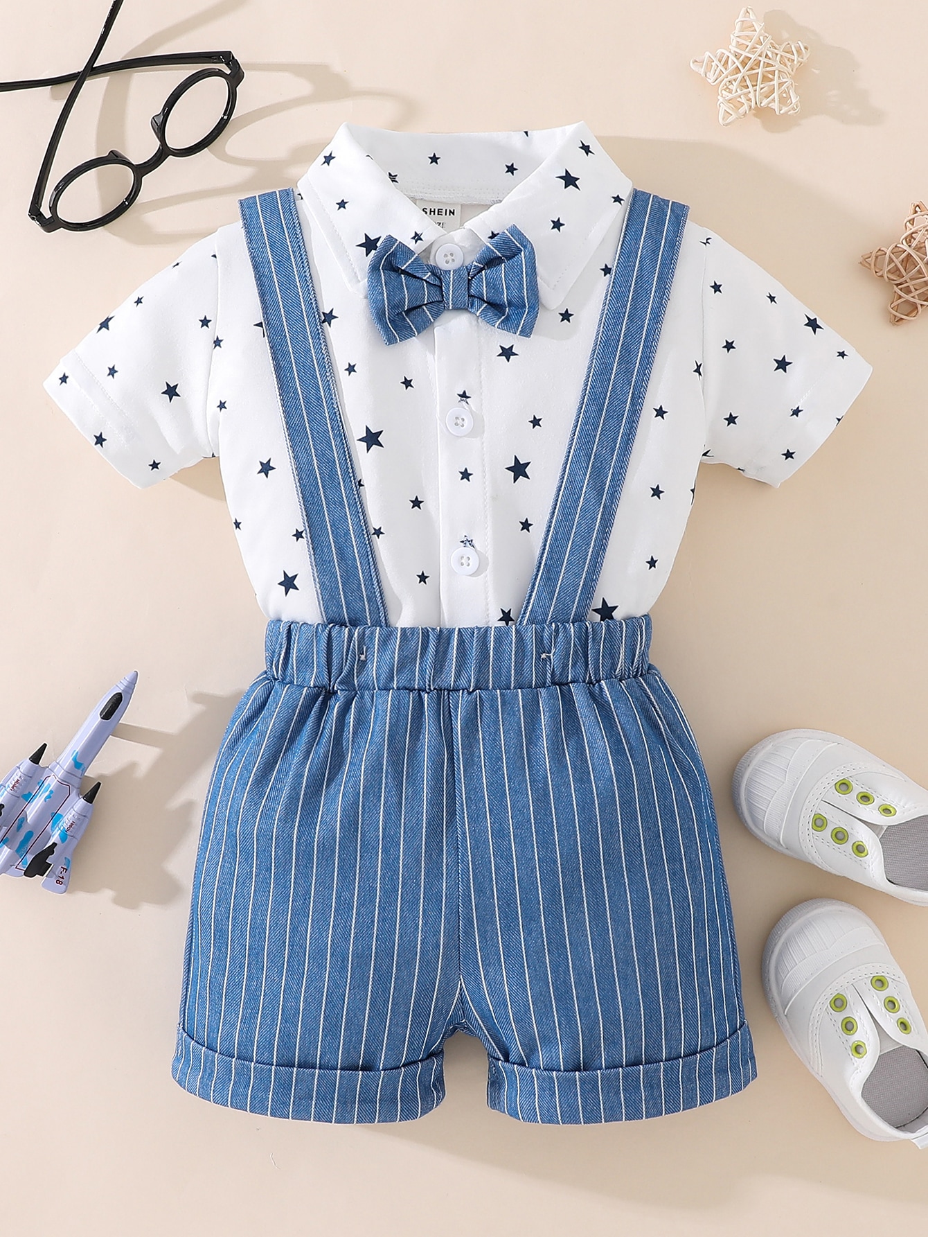 Baby Star Print Bow Front Shirt & Striped Pinafore Shorts