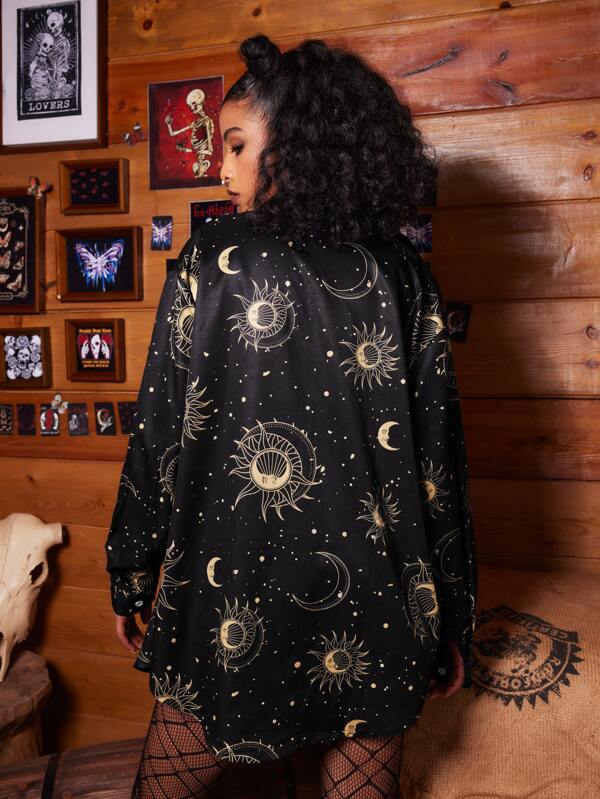 Goth Camisa Gráfico sol e lua Botão frontal | SHEIN Brasil