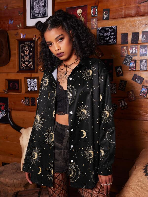 Goth Camisa Gráfico sol e lua Botão frontal | SHEIN Brasil