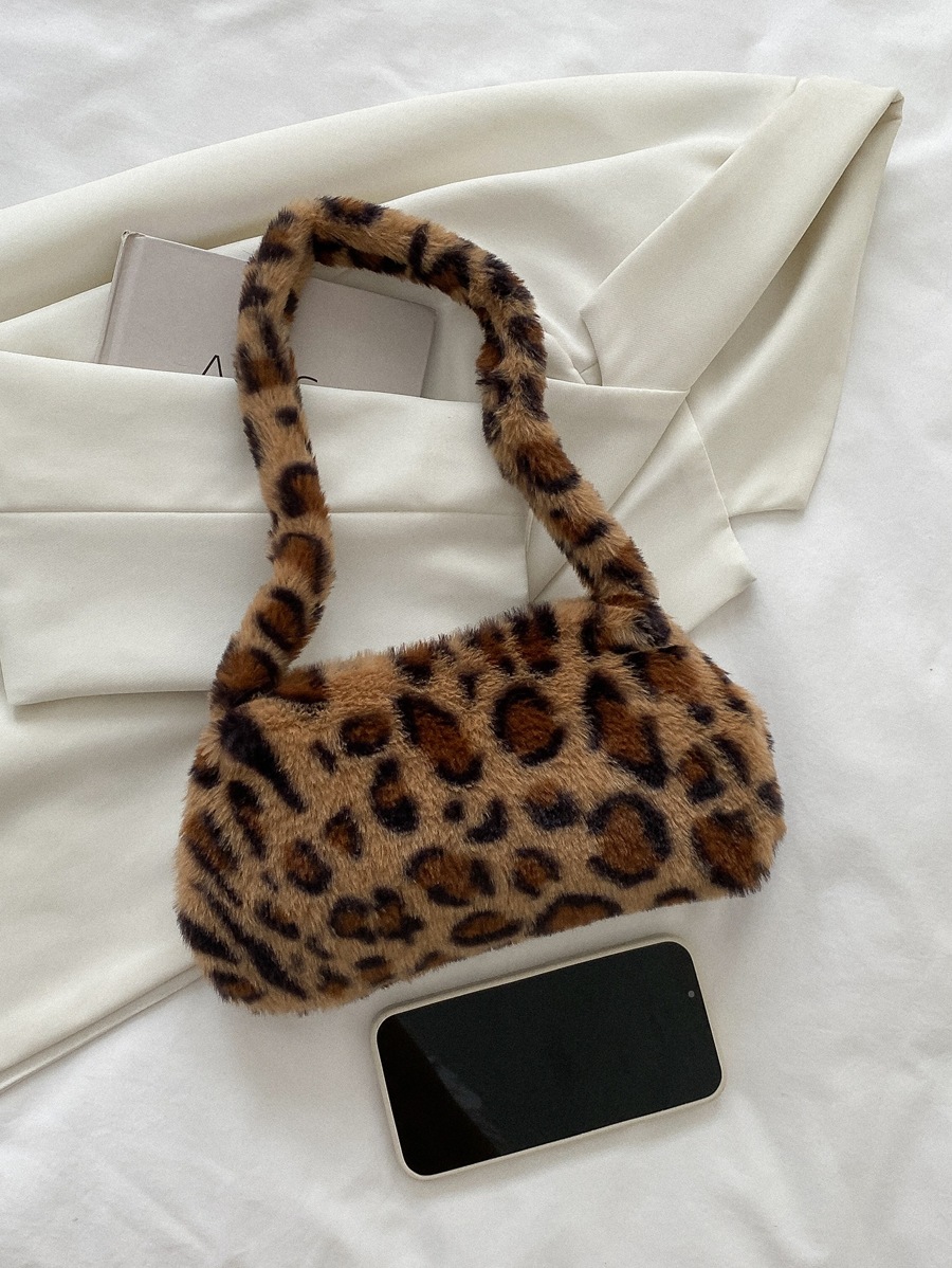 Fuzzy, Soft, Plush Fluffy Leopard Print Shoulder Bag For Girls, Women ...