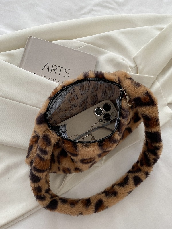 Fuzzy, Soft, Plush Fluffy Leopard Print Shoulder Bag For Girls, Women ...