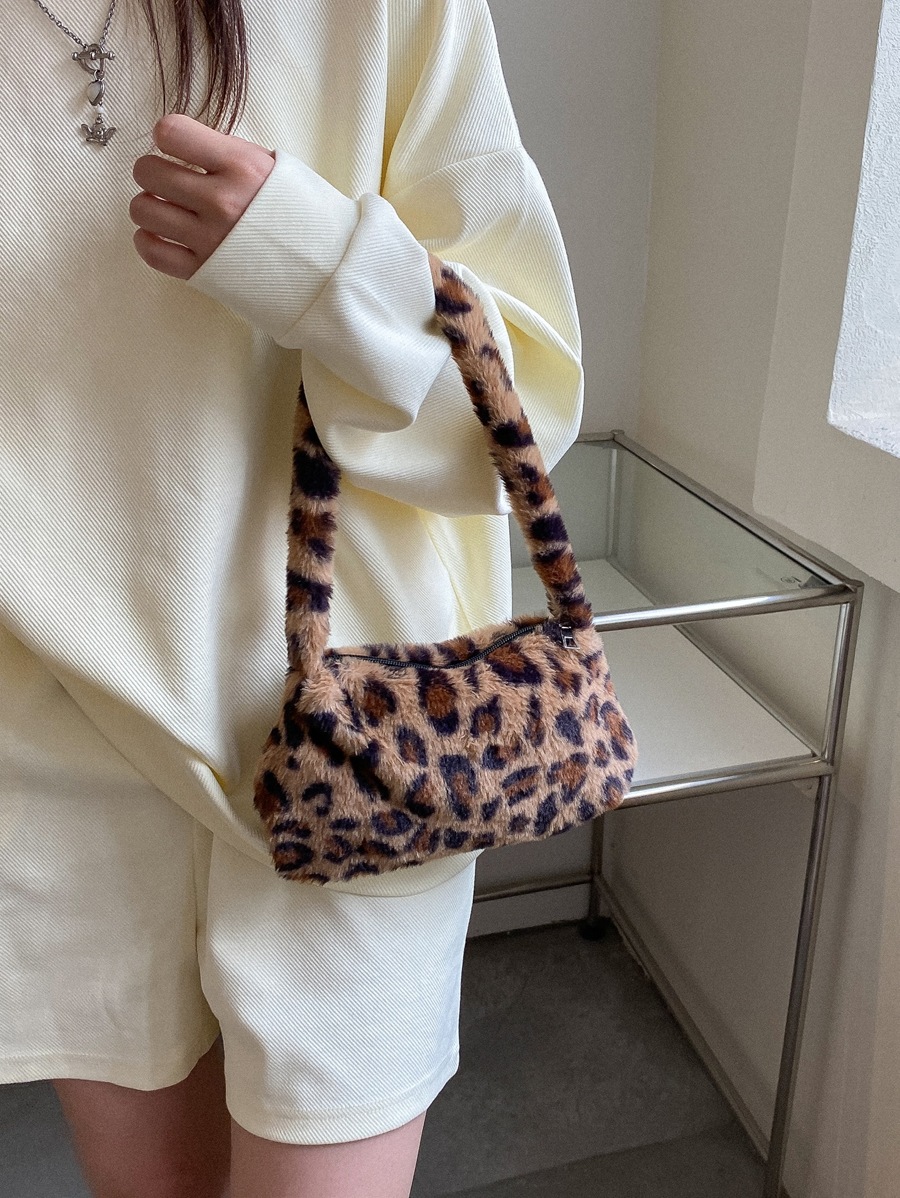Fuzzy, Soft, Plush Fluffy Leopard Print Shoulder Bag For Girls, Women ...