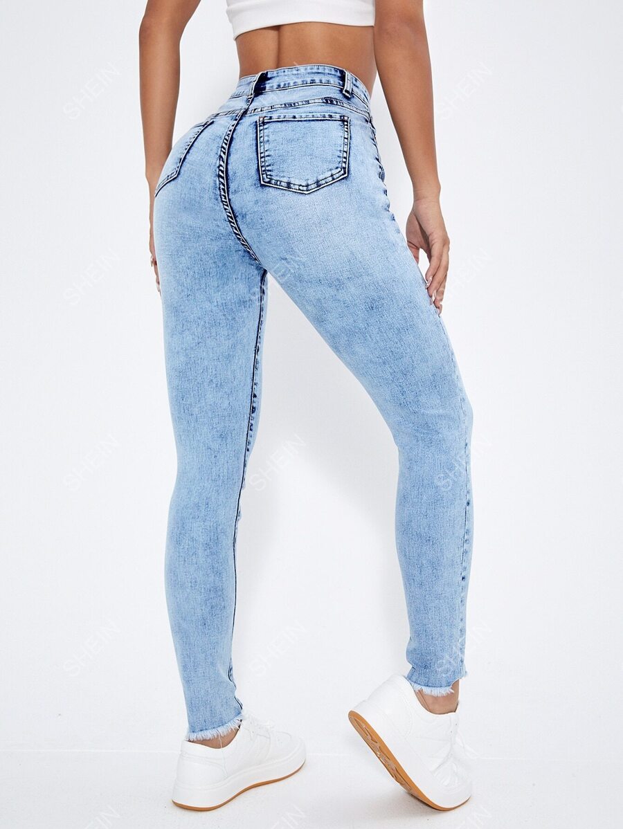 Shein Ezwear High Waist Raw Trim Skinny Jeans Shein Usa