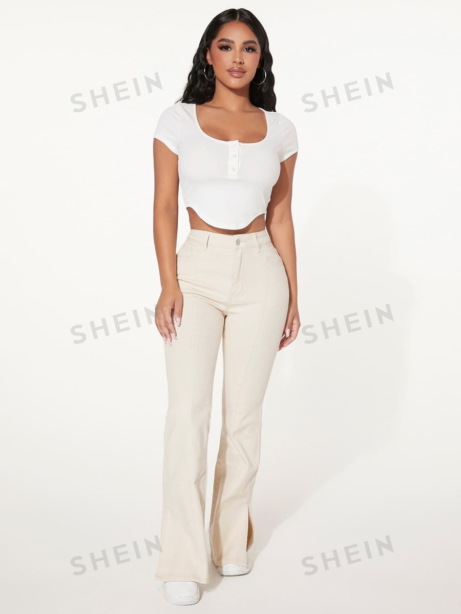 SHEIN PETITE Eenkleurig Dames jeans Knoop Zak Rits | SHEIN Nederland