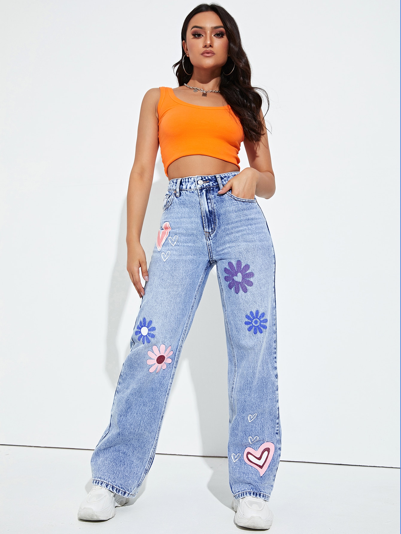 Floral & Heart Print Straight Leg Jeans | SHEIN USA