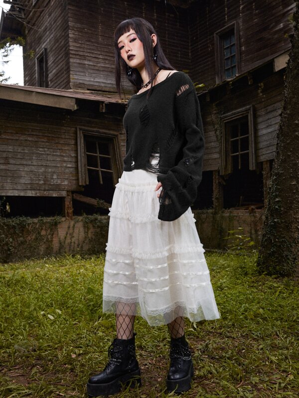 Goth Solid Distressed Sweater | SHEIN USA