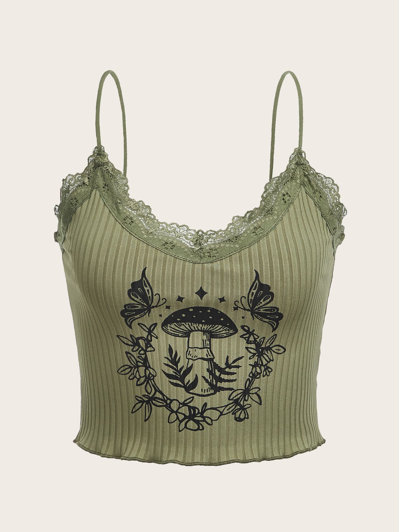 ROMWE Fairy Grunge Top cami Impressão de Cogumelo Guarnição do laço