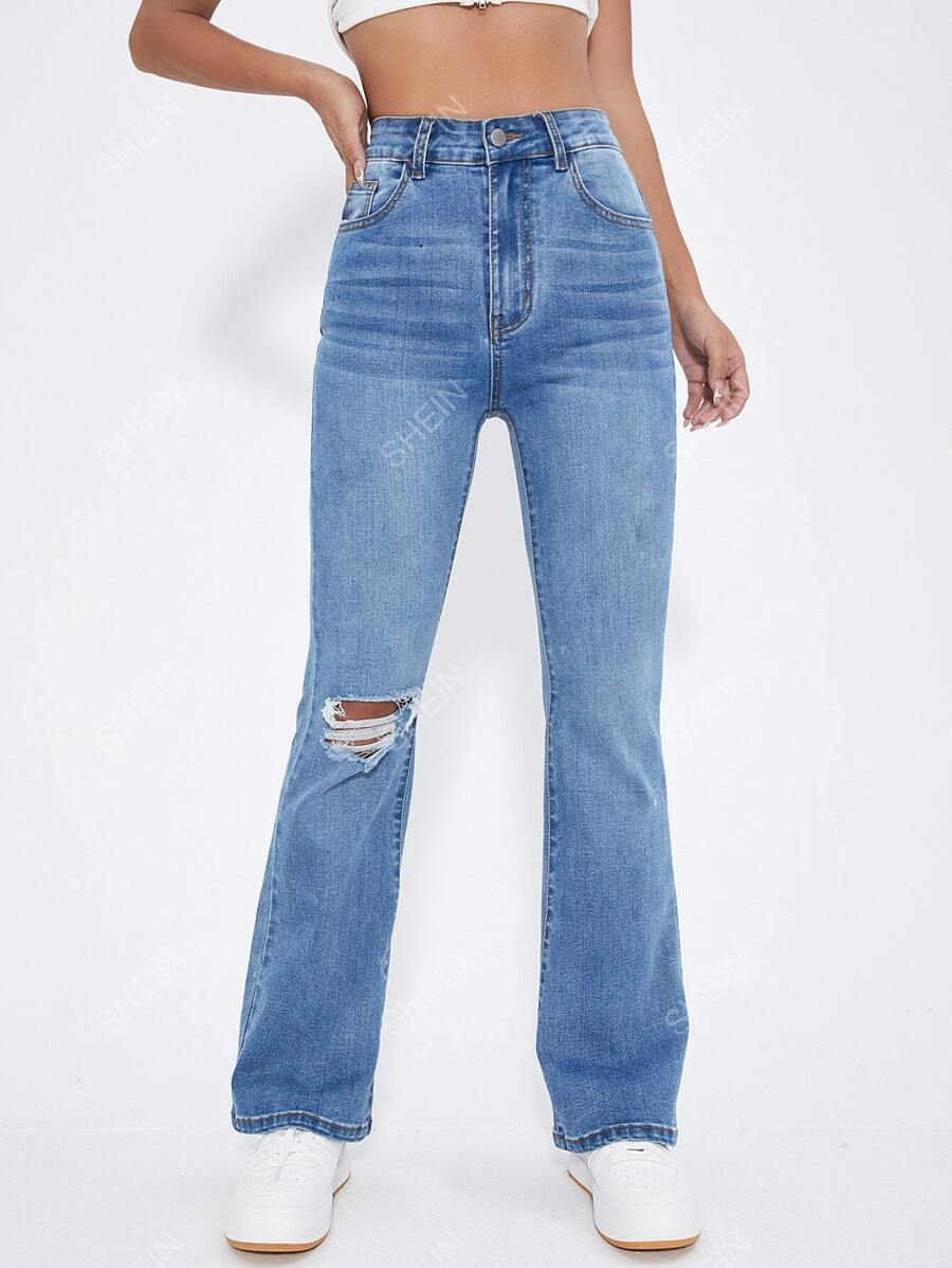 SHEIN EZwear High Waist Ripped Flare Leg Jeans | SHEIN USA
