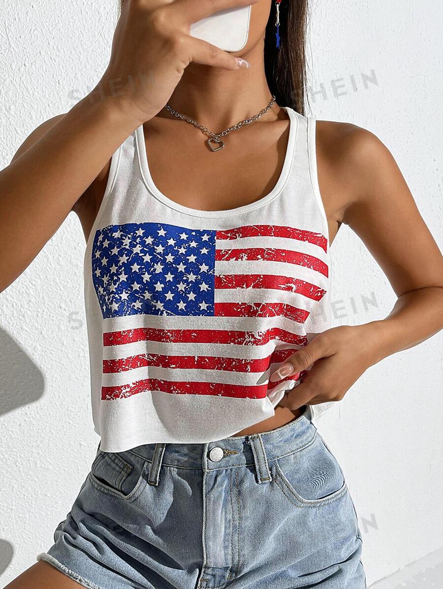 SHEIN EZwear Summer Outfit USA(American) Flag Print Tank Top | SHEIN UK