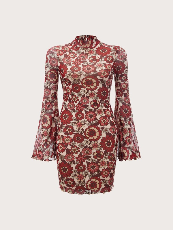 Shein Mod Allover Floral Print Lettuce Trim Flounce Sleeve Mesh Dress