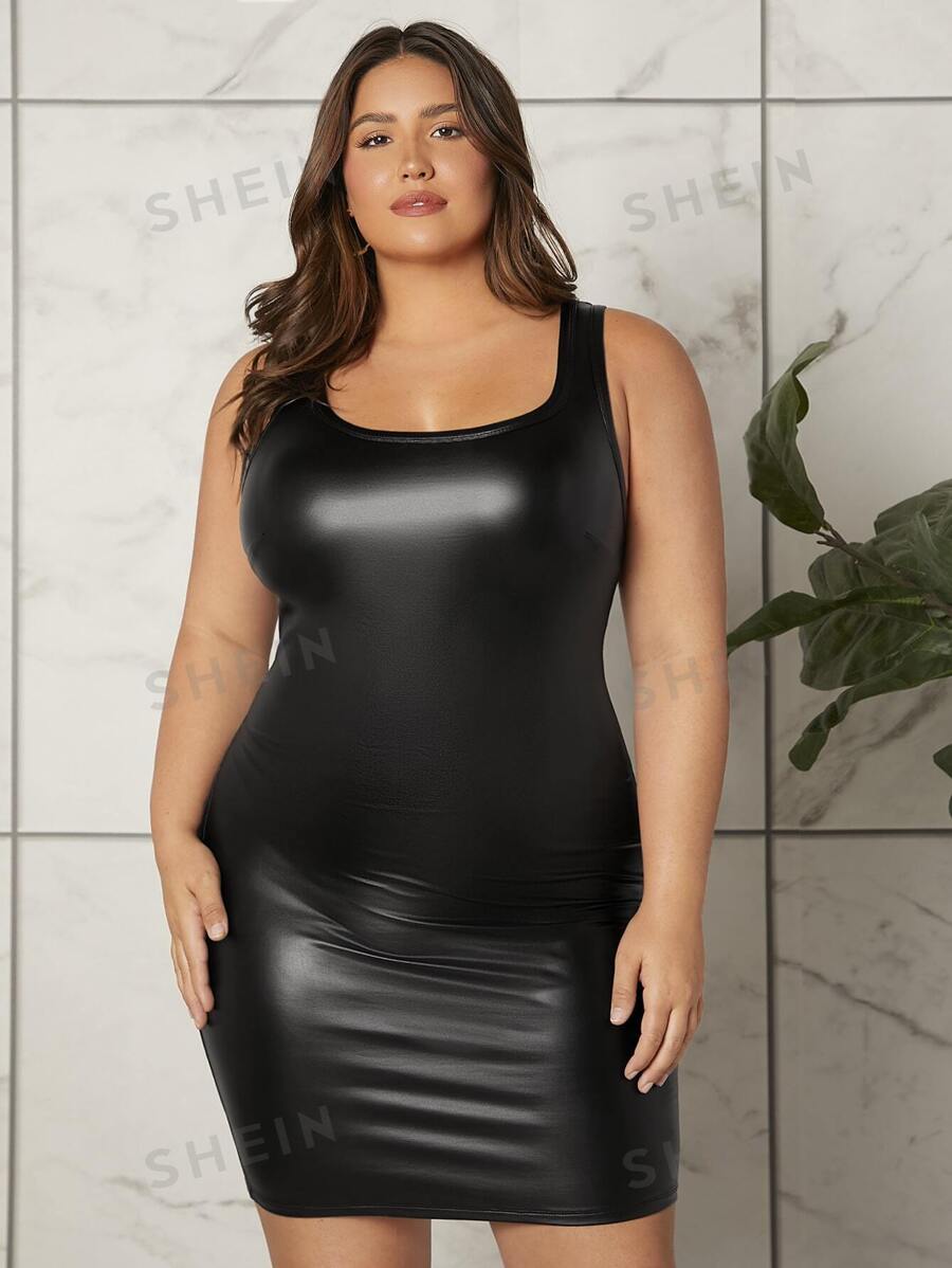 SHEIN Privé Plus Scoop Neck PU Leather Bodycon Dress | SHEIN USA