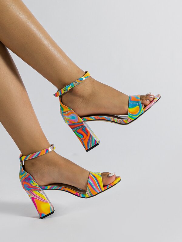 Women Marble Print Chunky High Heeled Sandals, Funky Colorblock Summer ...