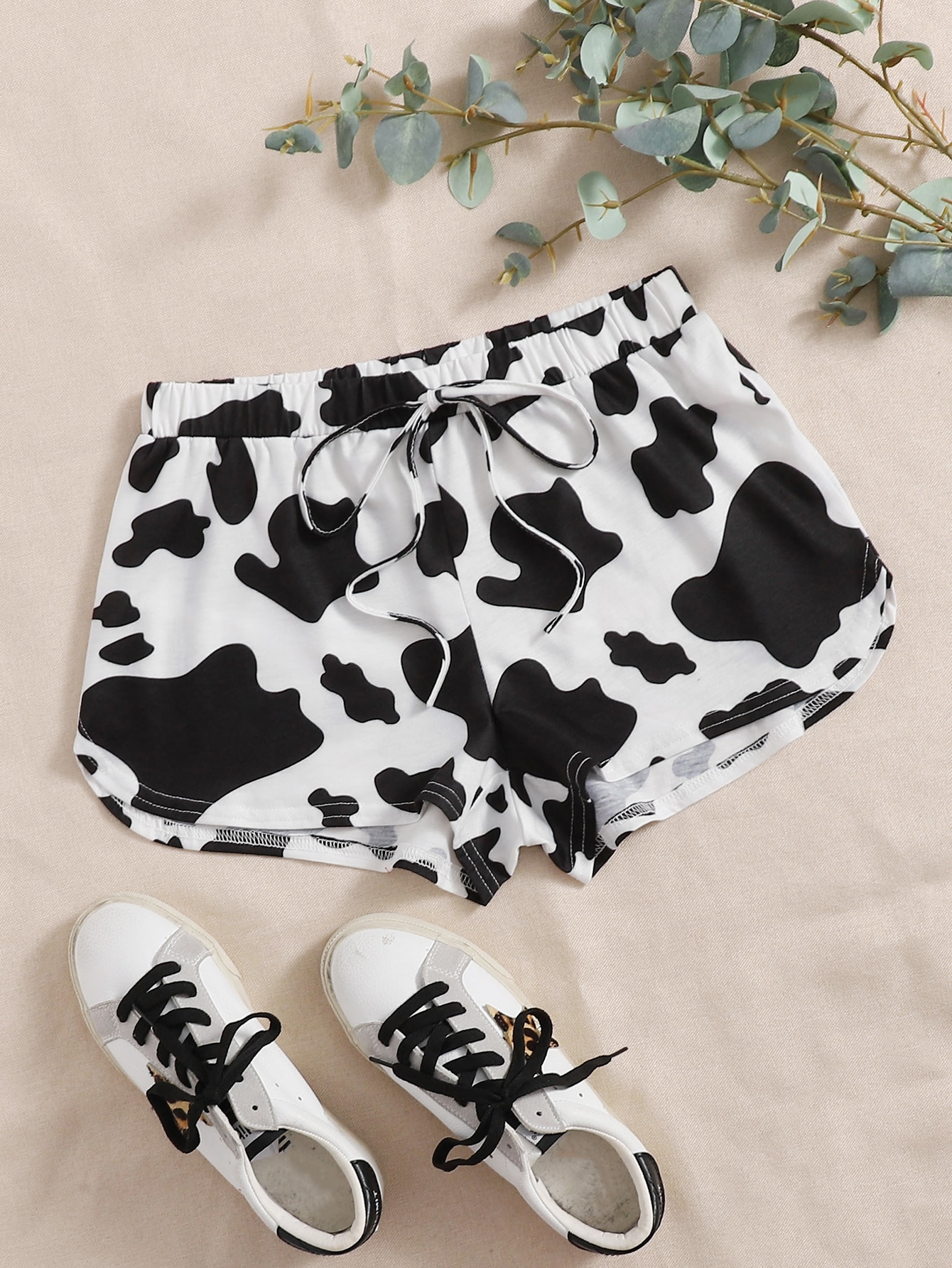 SHEIN Qutie Plus Cow Print Tie Waist Shorts | SHEIN USA