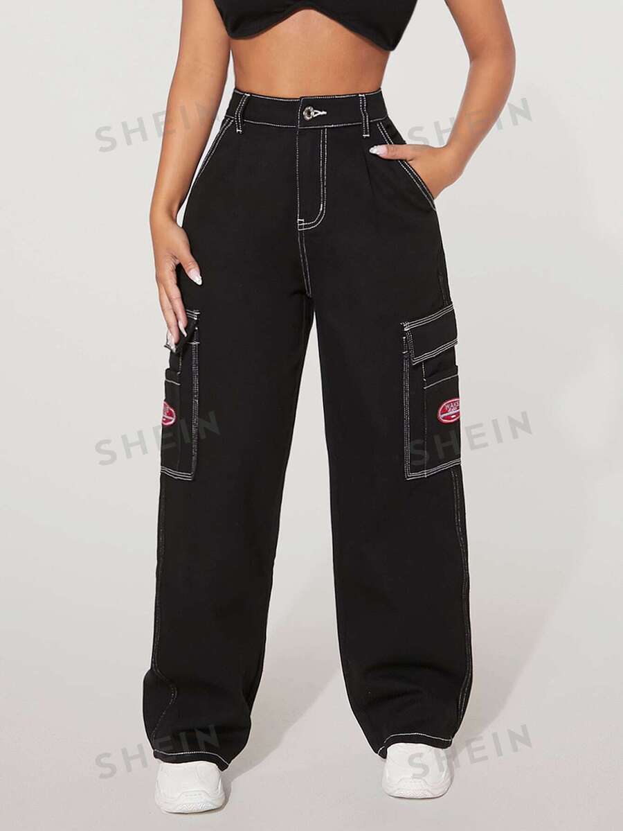 SHEIN PETITE High Waist Pocket Side Wide Jeans | SHEIN UK