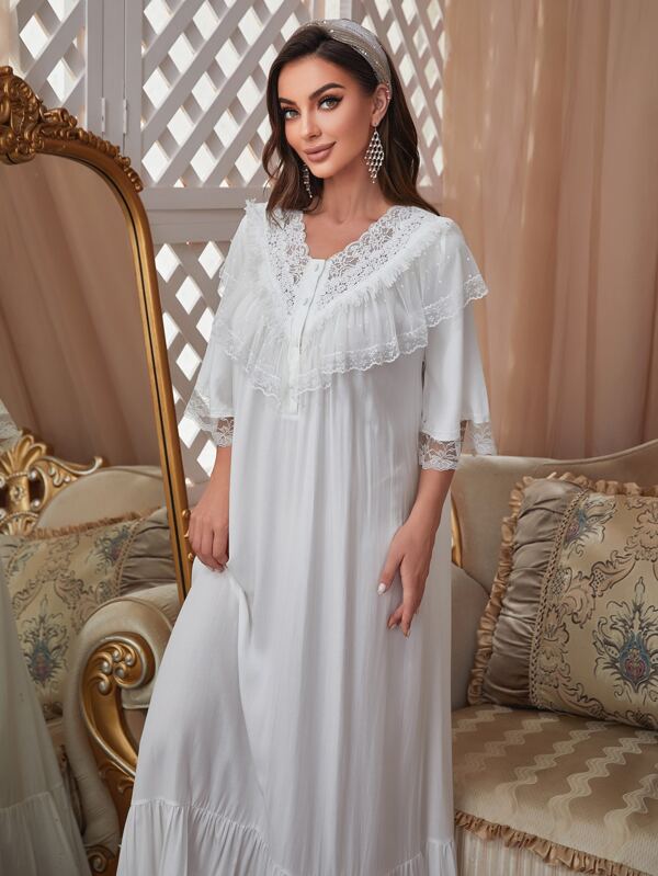Lace Trim Button Front Ruffle Hem Sleep Dress | SHEIN USA
