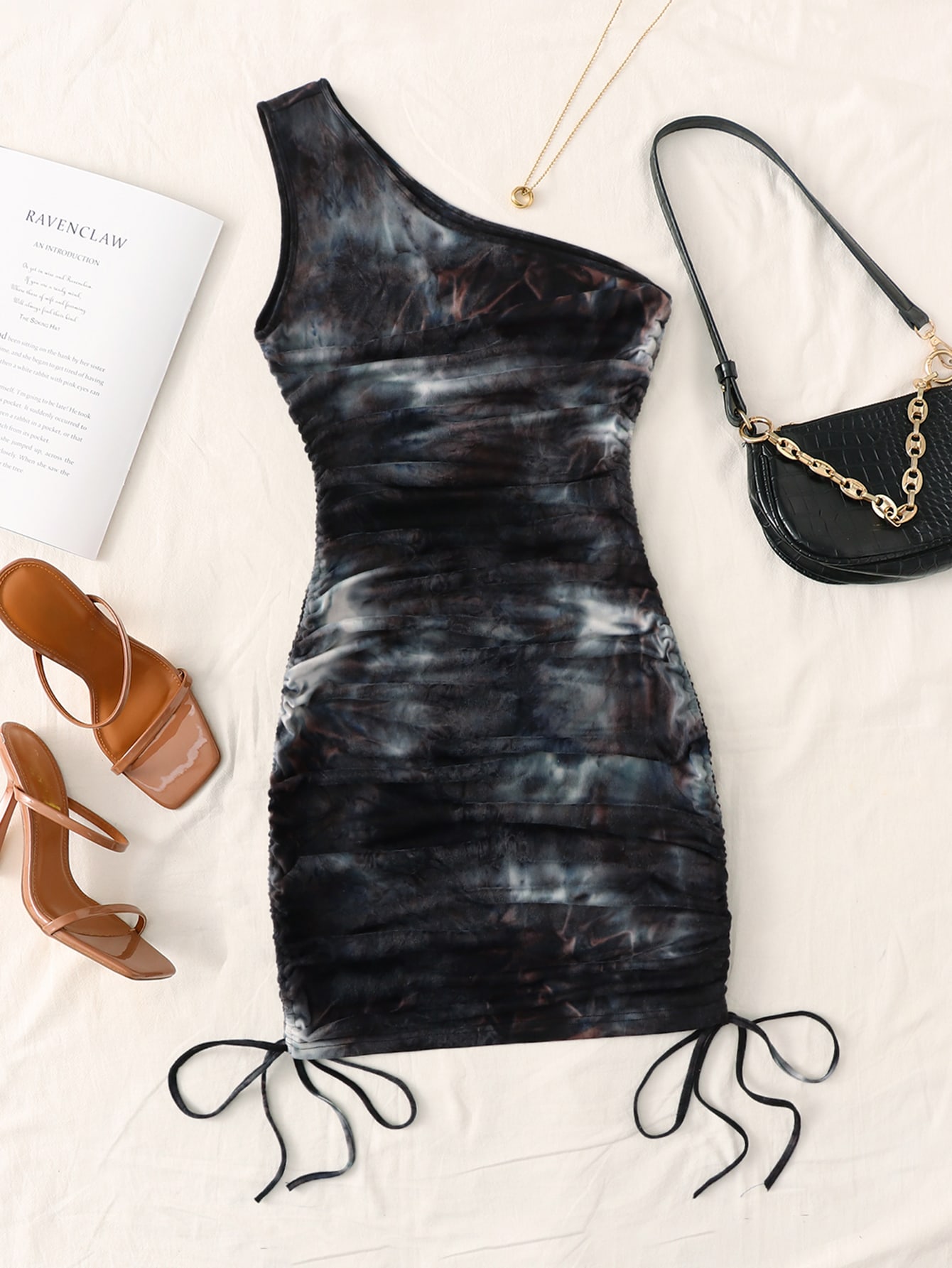 SHEIN EZwear One Shoulder Drawstring Knot Ruched Tie Dye Dress | SHEIN USA