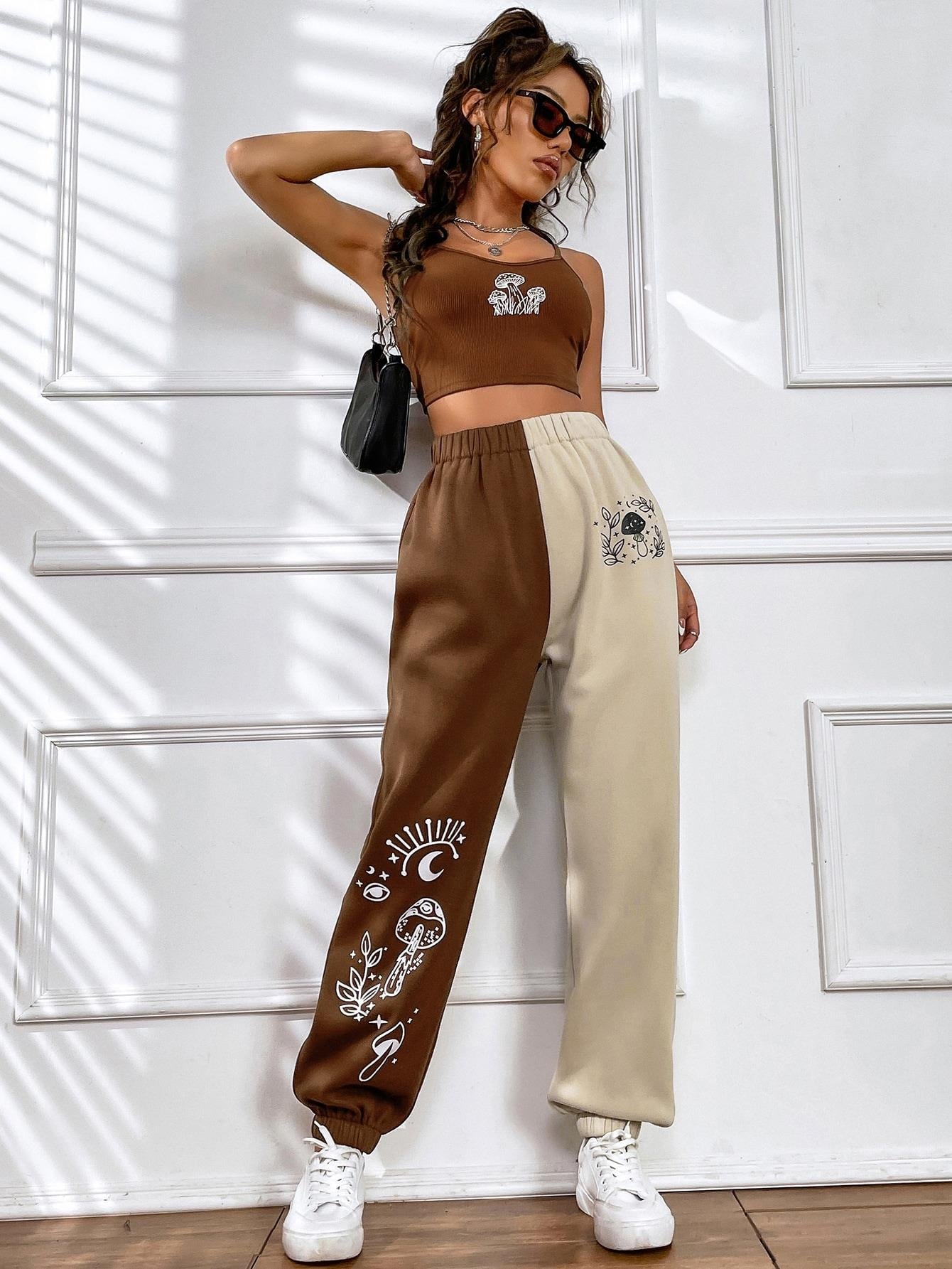 Mushroom Print Cami Top And Two Tone Sweatpants Shein Usa