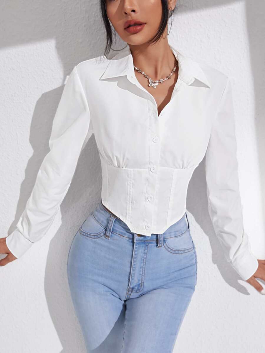 SHEIN Essnce Solid Button Front Crop Shirt | SHEIN USA