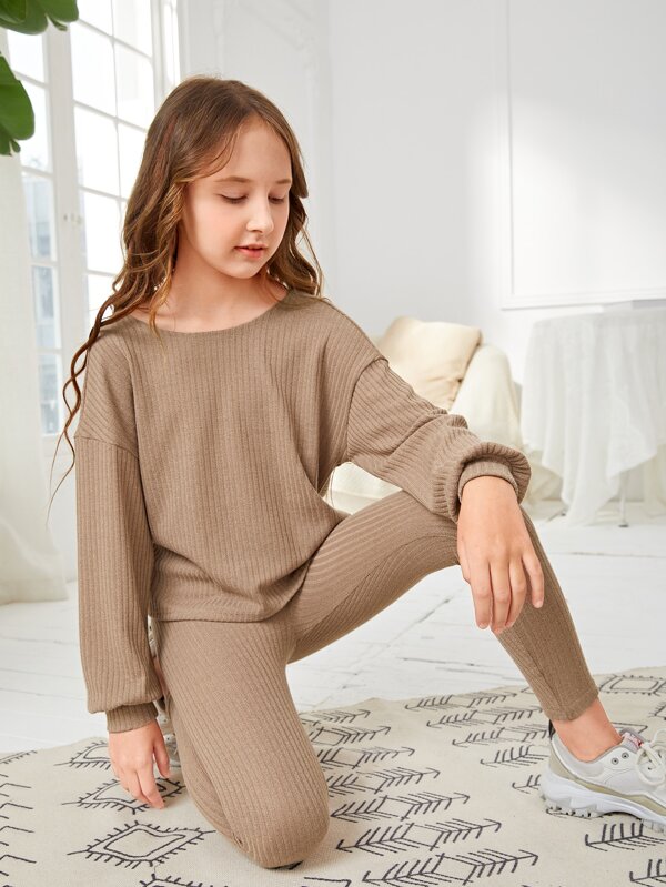 SHEIN Kids EVRYDAY Girls Twist Back Drop Shoulder Top & Leggings Set ...